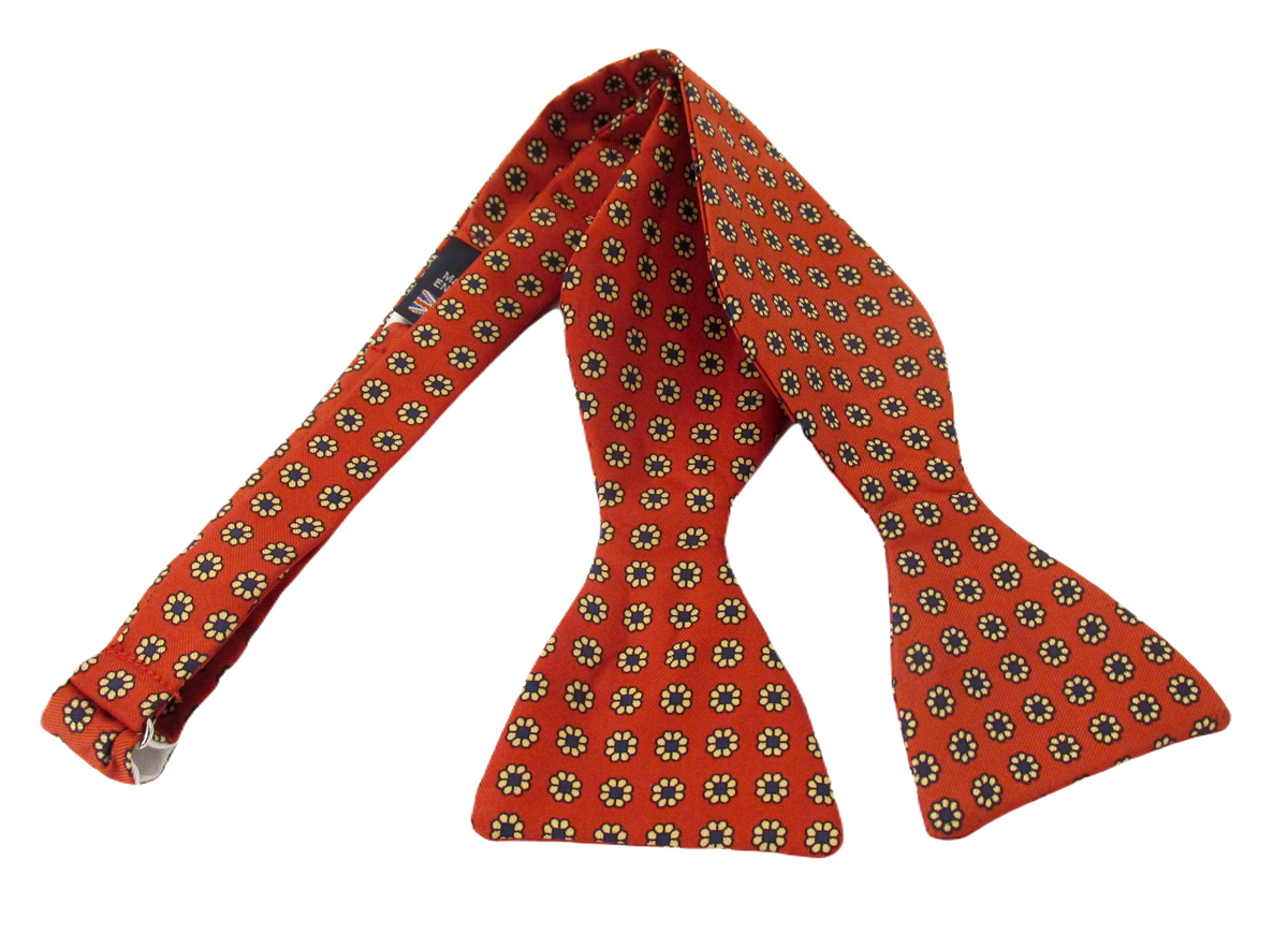 Red With Navy And Cream Floral Medallion Printed Silk Self Tie Bow Tie ...