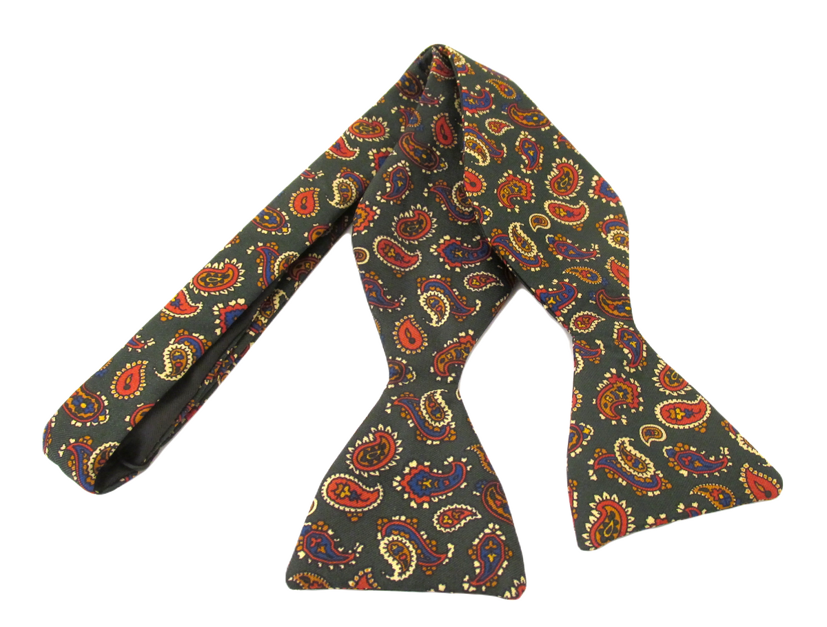 Green Cream Paisley Printed Silk Self Tie Bow Tie by Van Buck | Bow Tie ...