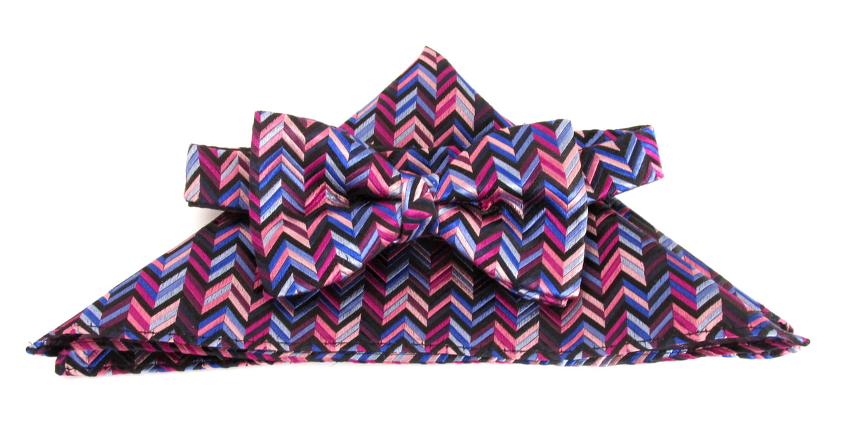 Pink & Blue Zig-Zag Silk Bow Tie & Pocket Square Set by Van Buck | Bow ...