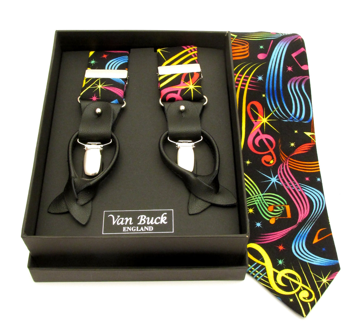 Neon Music Note Tie & Trouser Braces Gift Set by Van Buck | Gift Set ...